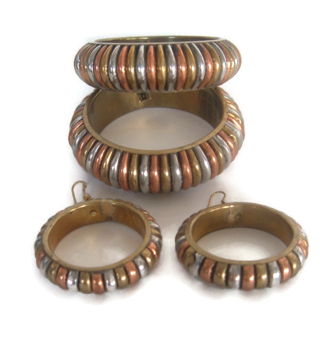 Vintage Tri-color Metal Bangle Set With Matching Earrings - Etsy