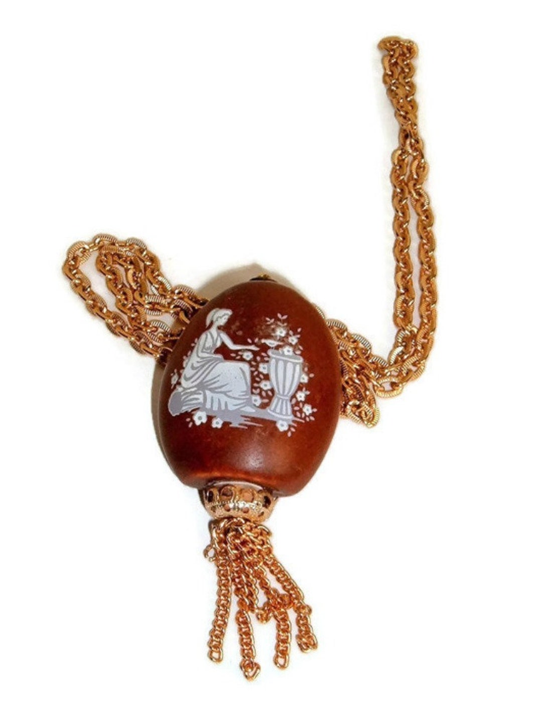 Vintage Perfume Pendant Pomander Necklace Ceramic Vial Brown Gold Tone ...