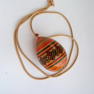 Big Old Wood Egg Shaped Vintage Stripe Necklace on Long Gold Tone Chain ...