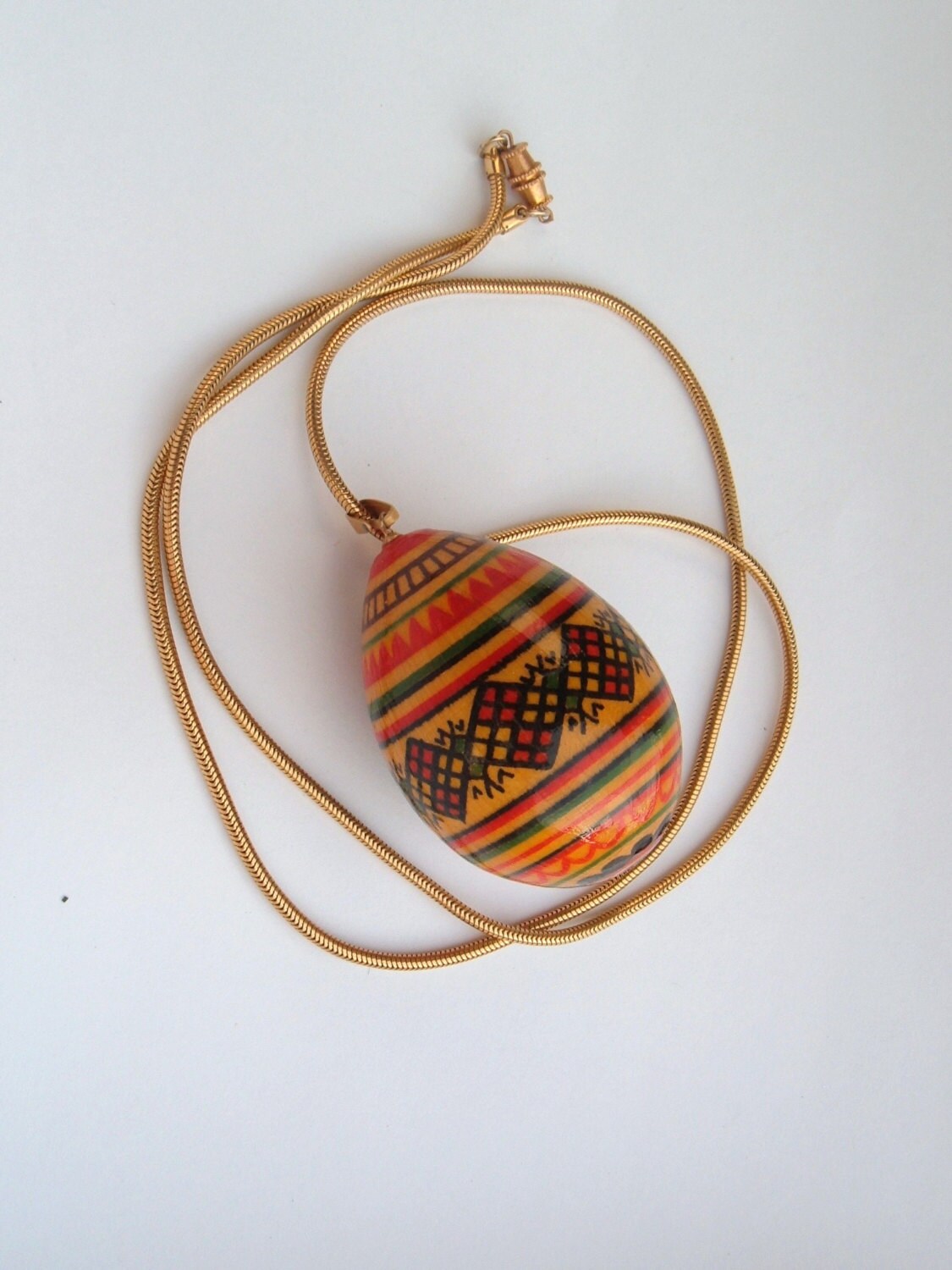 Big Old Wood Egg Shaped Vintage Stripe Necklace on Long Gold Tone Chain ...