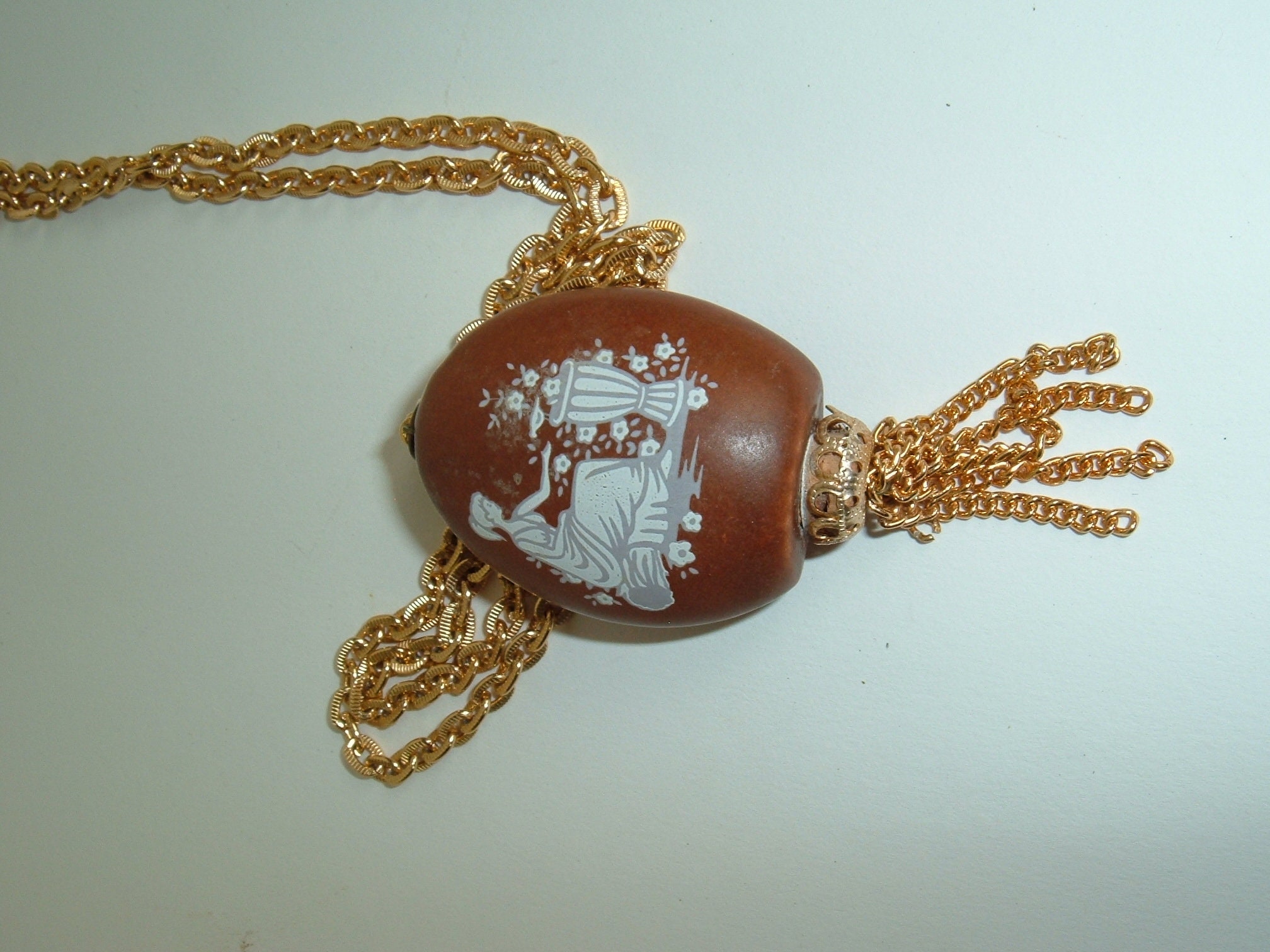 Vintage Perfume Pendant Pomander Necklace Ceramic Vial Brown Gold Tone ...