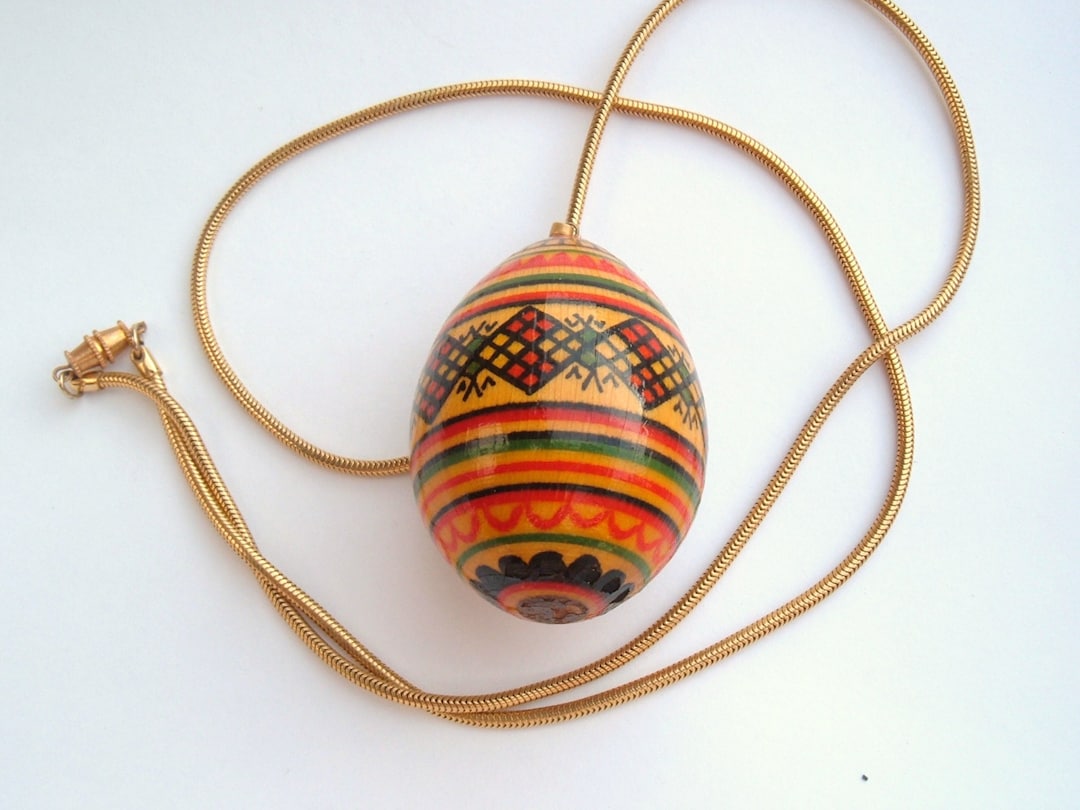 Big Old Wood Egg Shaped Vintage Stripe Necklace on Long Gold Tone Chain ...