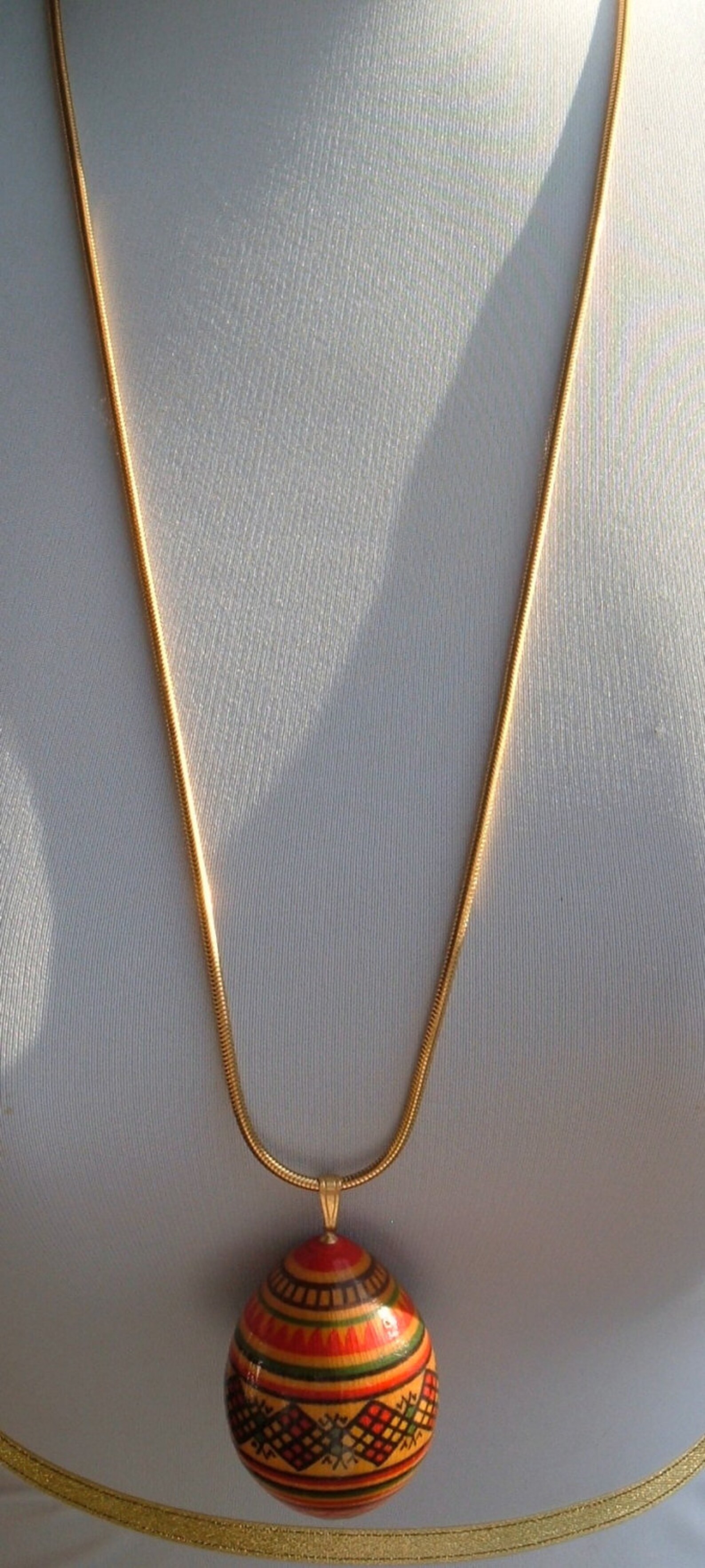 Big Old Wood Egg Shaped Vintage Stripe Necklace on Long Gold Tone Chain ...