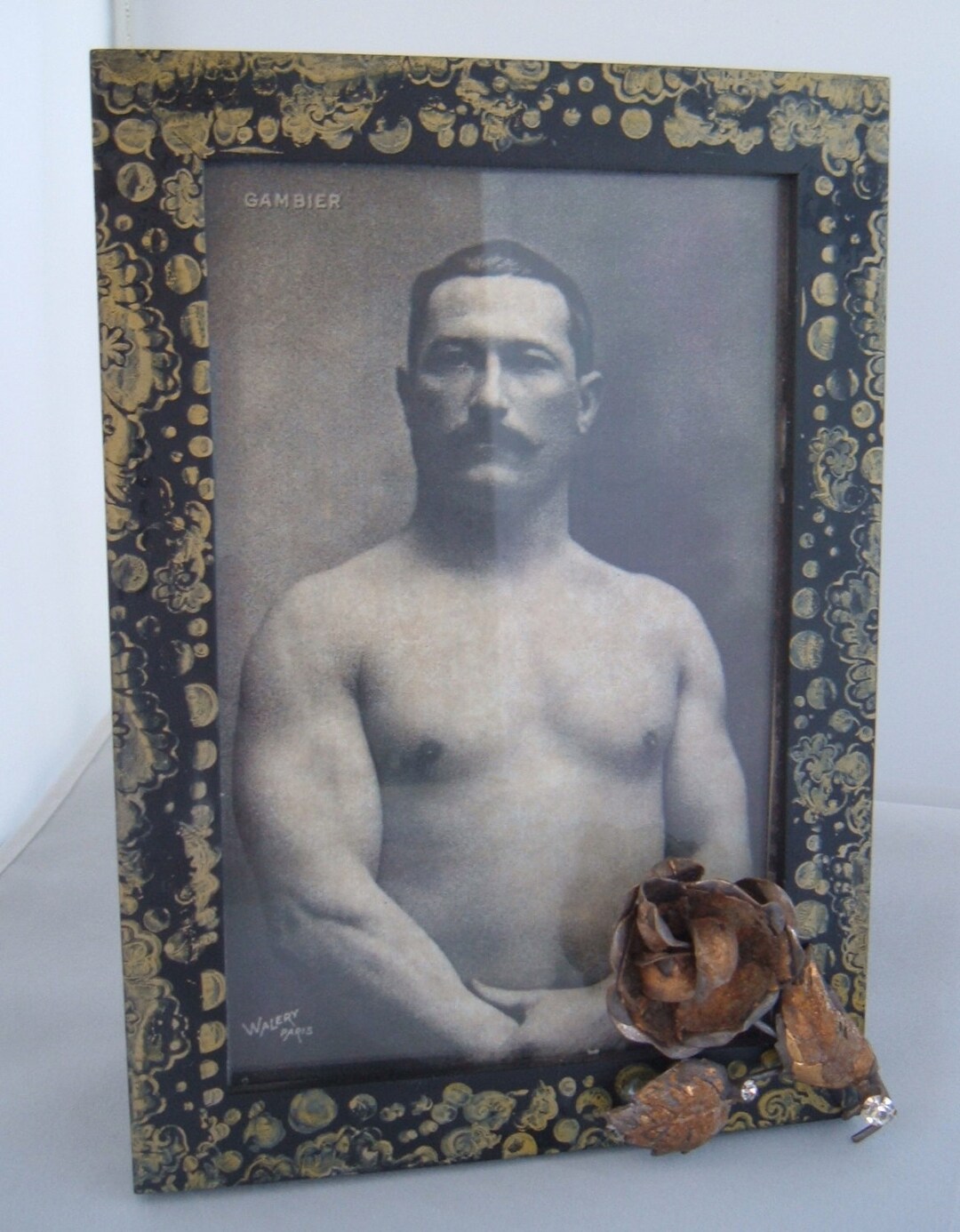 Upcycled Embellished Frame: Mustache Man Postcard, Rhinestone Brooch - Etsy