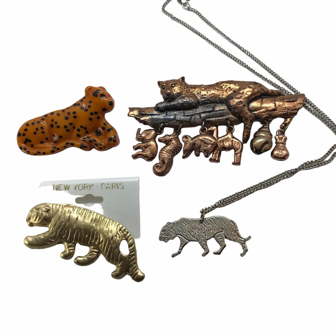 Vintage Animal Jewelry Lot Lion Tiger Leopard Jungle Tribal Necklace ...