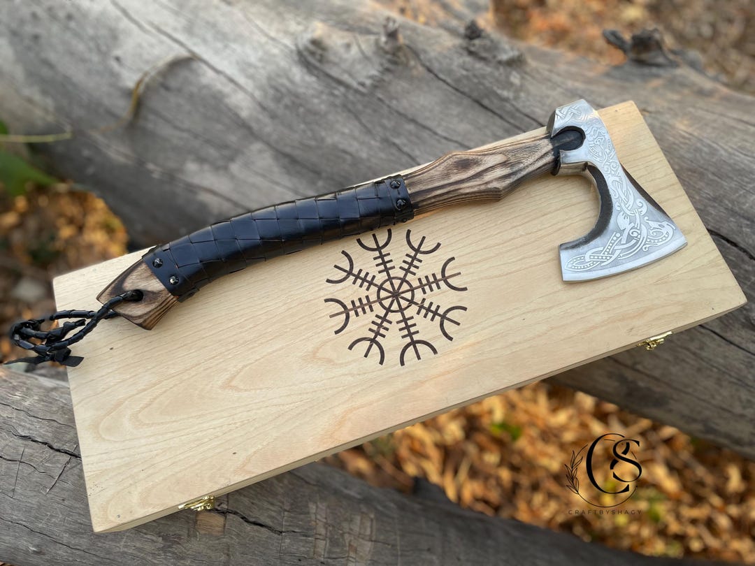 Viking Axe With Custom Personalized Wooden Box, Usable Hand Forged ...