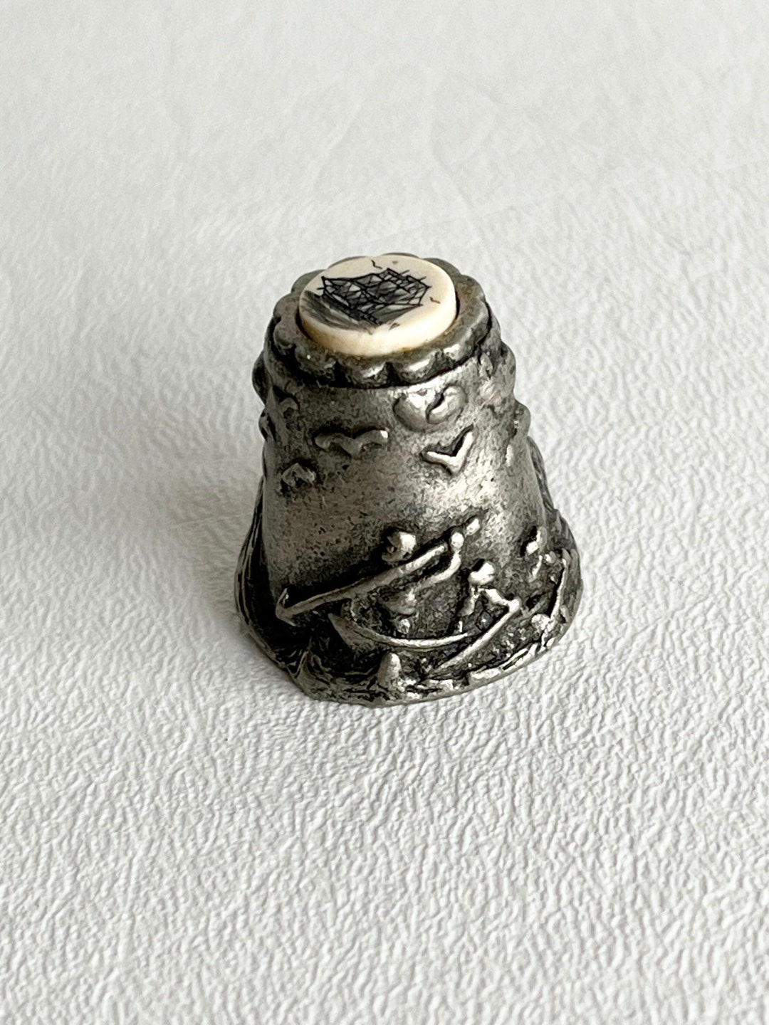 Vintage Pewter Whaling Thimble, Signed Nicholas Gish, Scrimshaw Sailing ...
