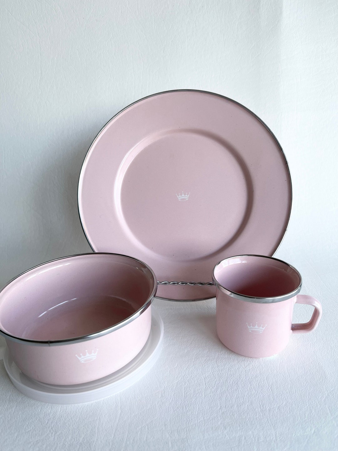 Vintage Golden Rabbit Enamelware Child's Dish Set, Pink Crown, Plate ...