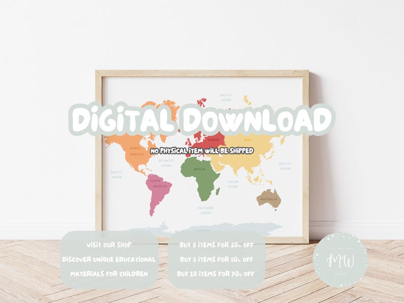 Montessori World Map Poster: Kids Educational Homeschool Decor (digital ...