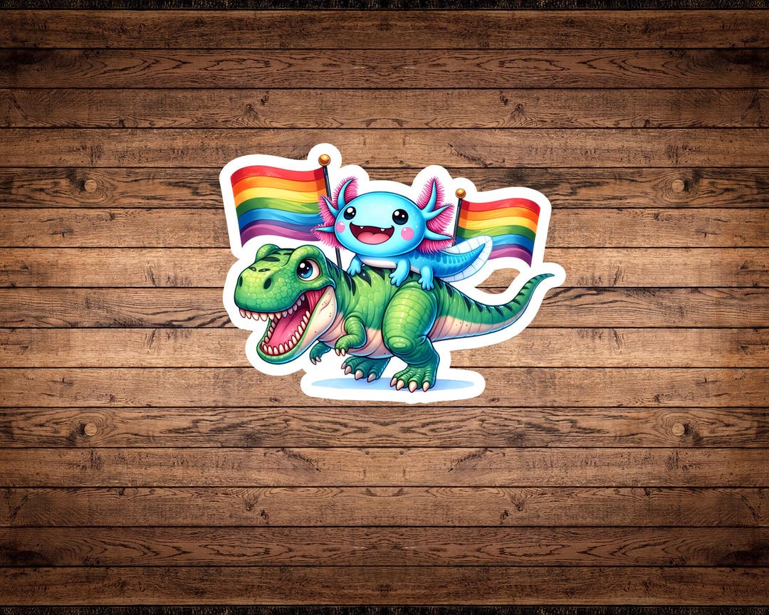 Pride Axolotl Riding T-rex Sticker | Rainbow Flag Vinyl Decal - Etsy
