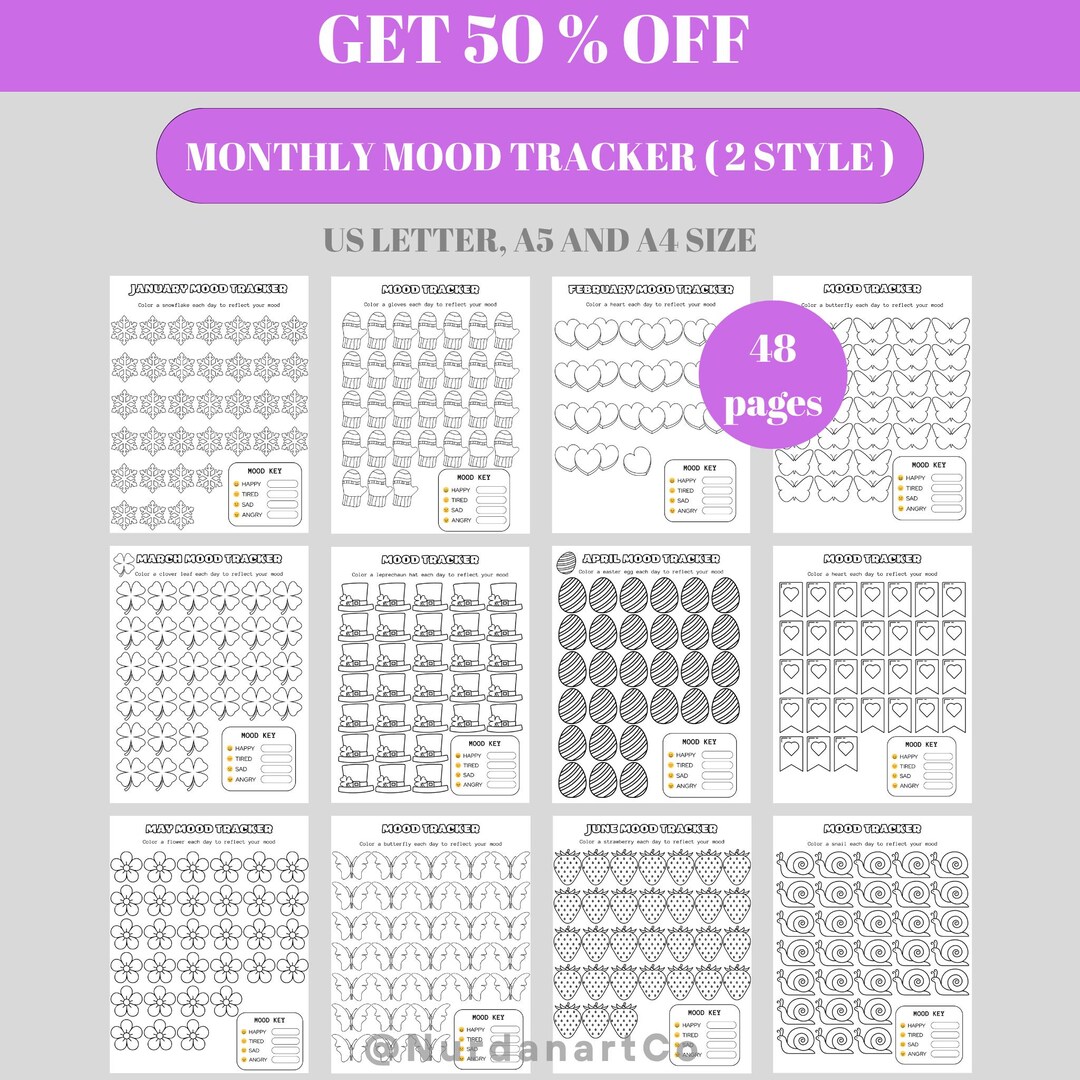 12-month Mood Tracker Bundle | Printable Bullet Journal Inserts ...