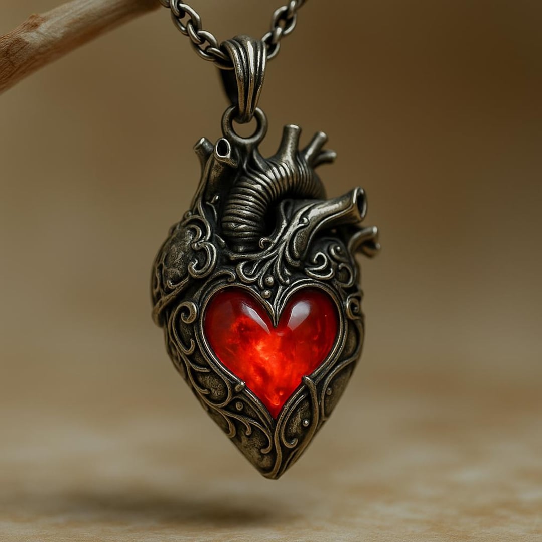 Gothic Anatomical Heart Pendant, Dark Fantasy Red Gem Necklace ...