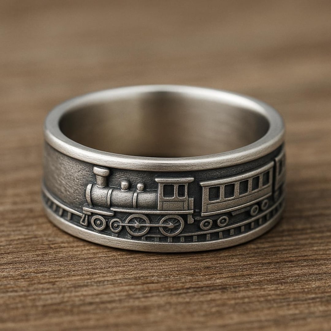 Sterling Silver Train Ring: Steam Locomotive Relief Band, Railroad ...