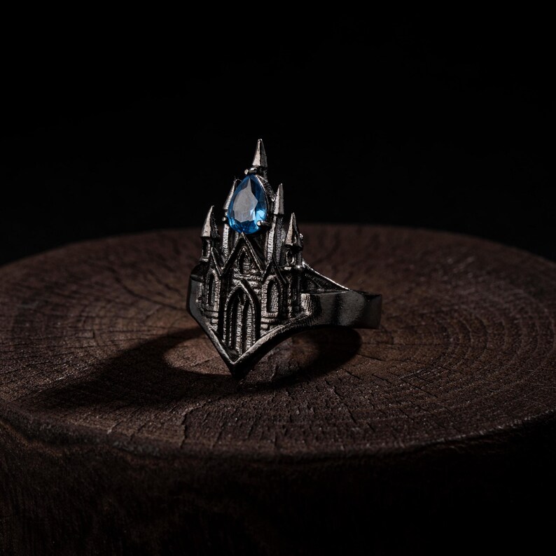 Halloween Gothic Castle Ring: Blackened 925 Silver Ring With Blue ...