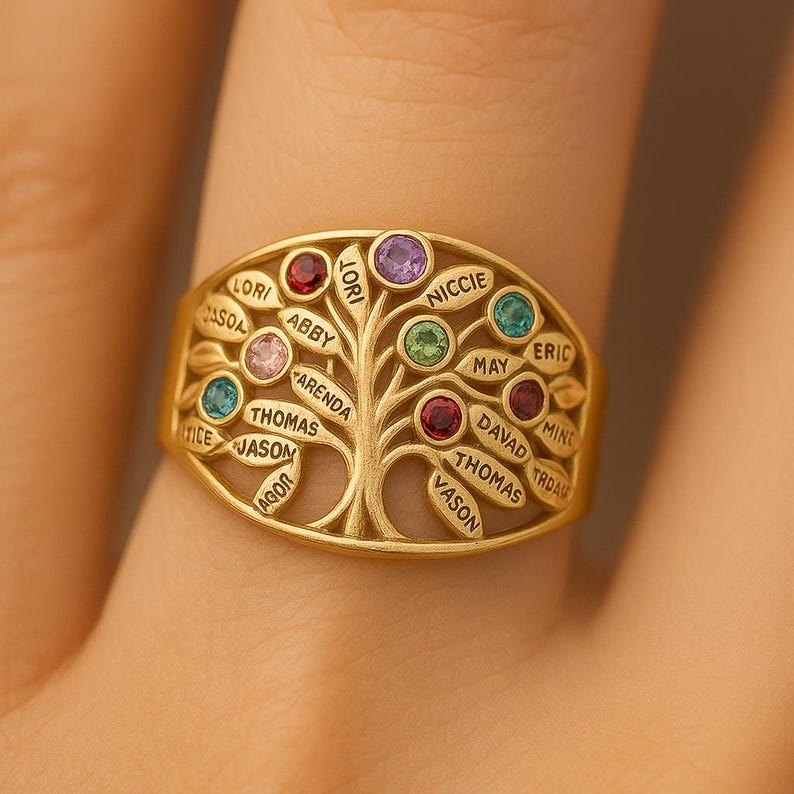 Custom Family Tree Ring With Names & Birthstones – Gold-plated Sterling ...