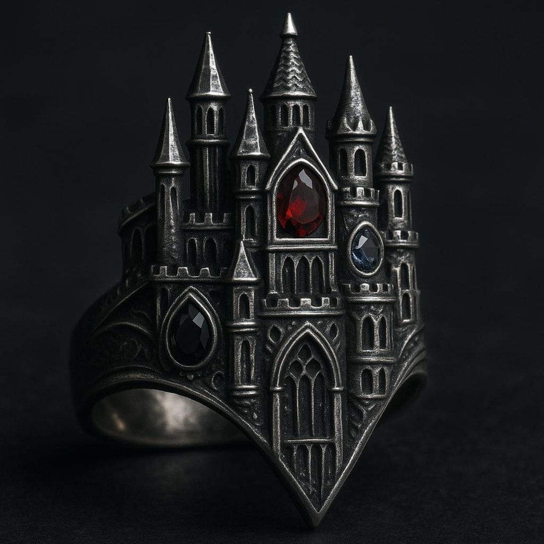 Oxidized Silver Gothic Castle Ring With Gemstones - Etsy