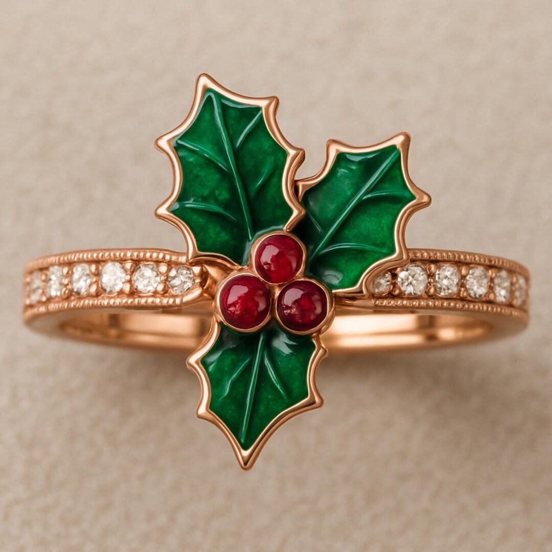 Rose Gold Holly Ring, Green Enamel, Red Berry Christmas Jewelry - Etsy