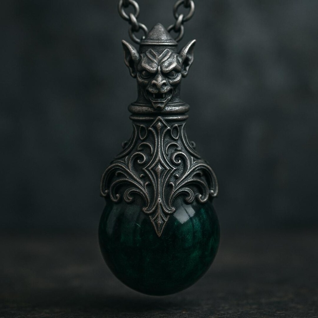Gothic Gargoyle Potion Necklace - Dark Green Orb Bottle Pendant ...