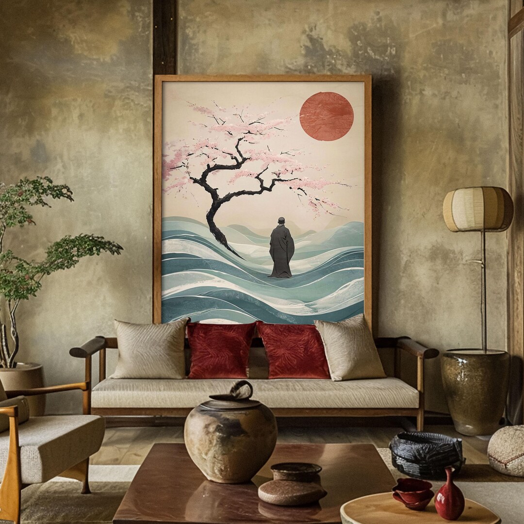 Japanese Monk Wall Art - Ocean Wave & Cherry Blossom Tree, Wabi Sabi ...