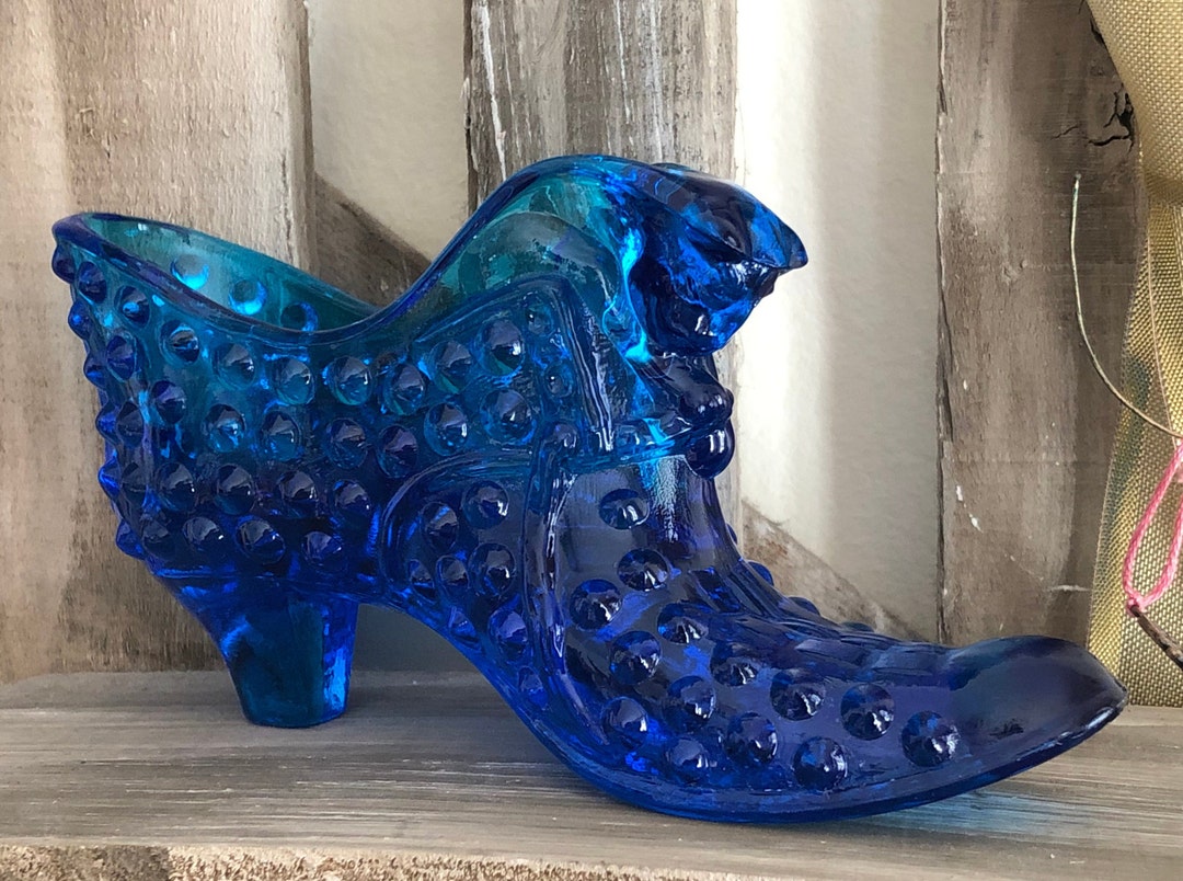 Vintage Fenton Cobalt Blue Glass Cat Head Hobnail Shoe Slipper Glass ...