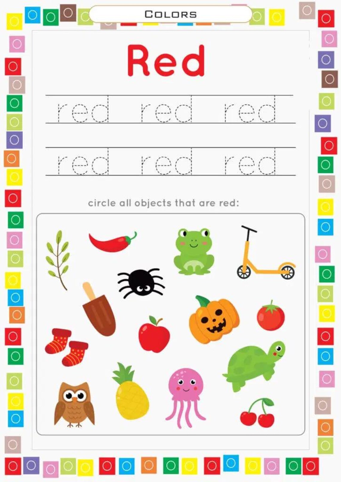 Red Color Learning Worksheet for Kids – Instant Download - Etsy