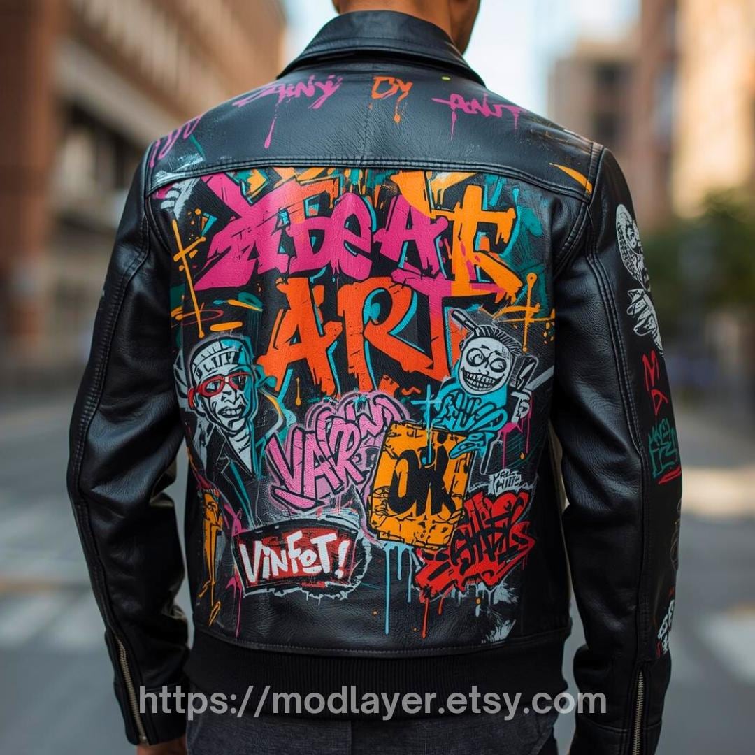 Custom Print Leather Jacket — Typography & Graffiti Artwork | Hand ...