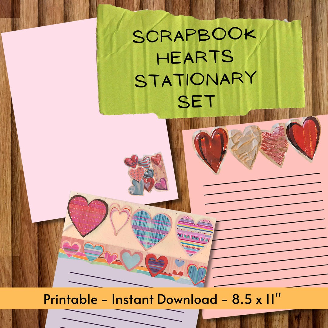 Heart Scrapbook Printable Stationary Set, Cute Colorful Paper Bundles ...