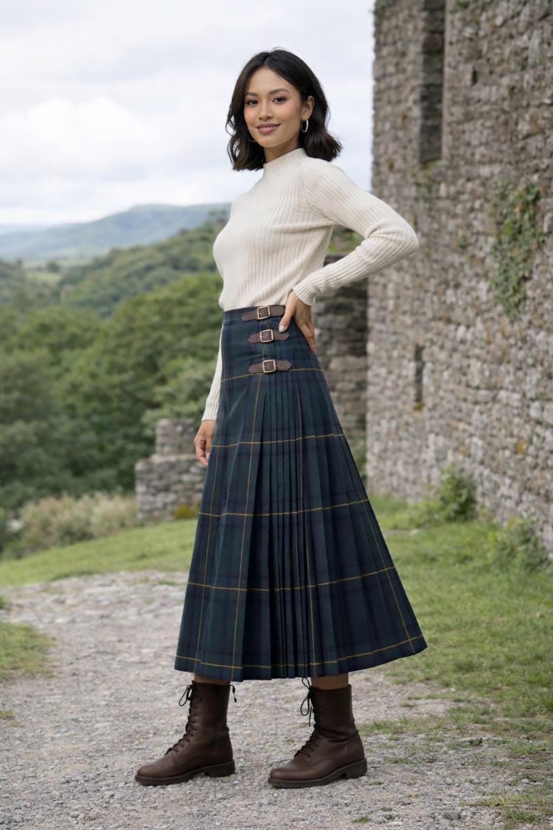 Women's Highland Scottish Tartan Maxi Skirt - High Waisted Pleated ...