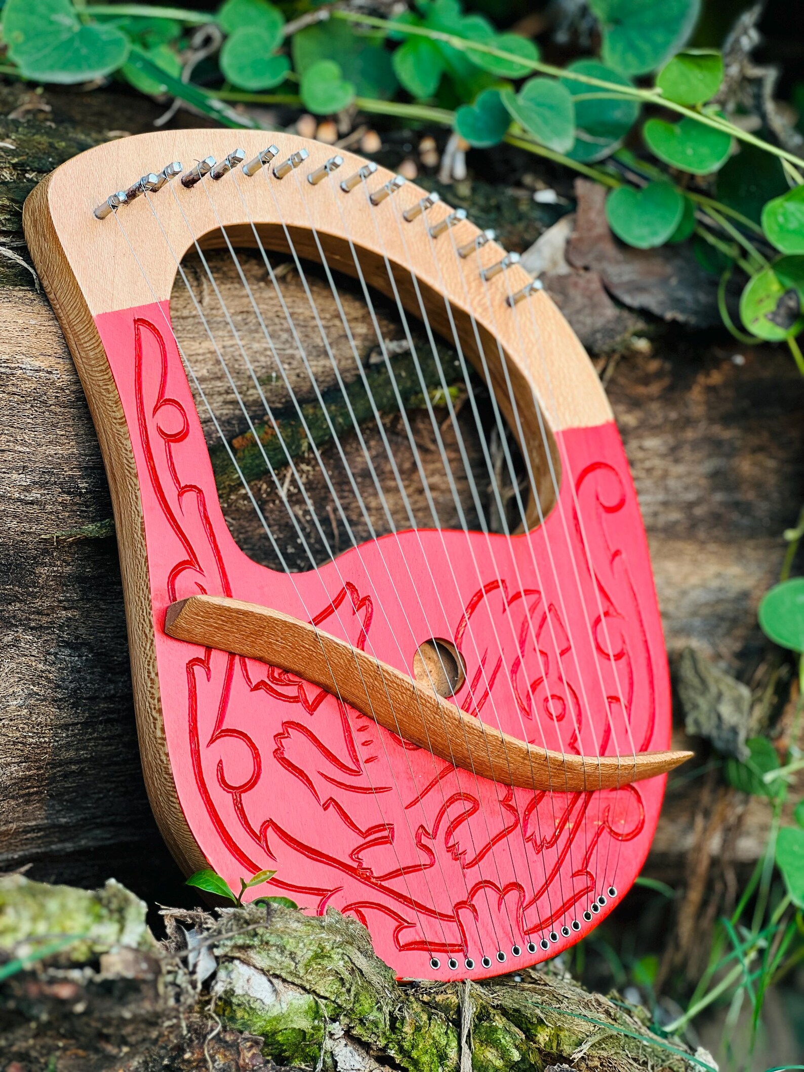 15 String Rosewood Lyre Harp: Red Dragon Design With Bag & Tuning Key ...