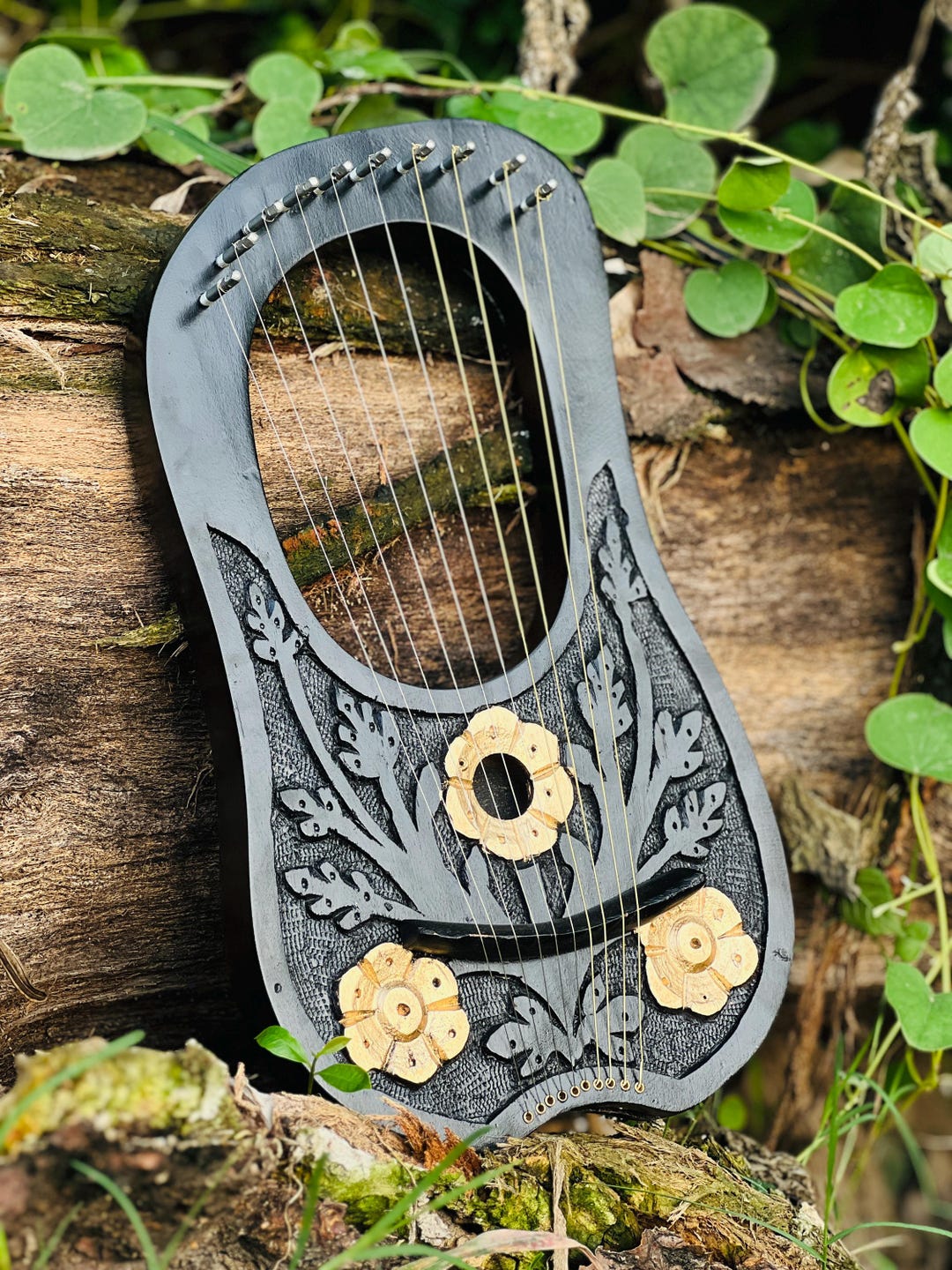 Black Lyre Harp Rosewood Golden Flower Design 10 Metal Strings Lyre ...