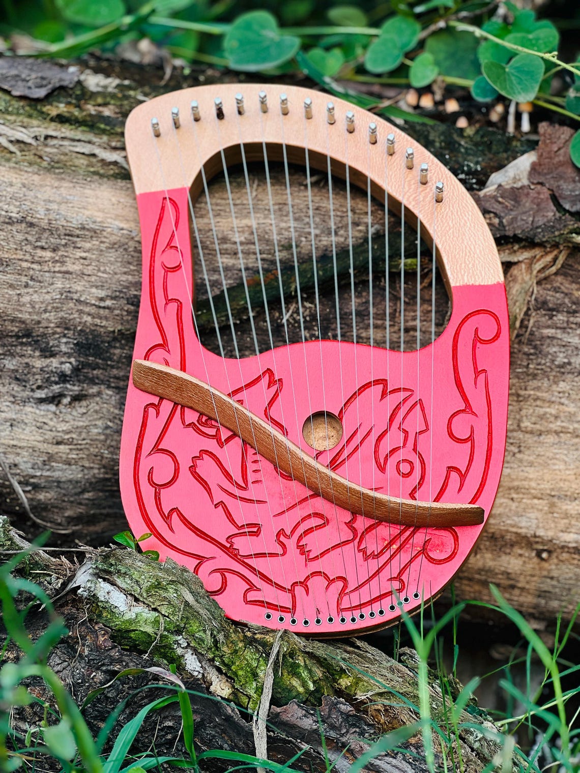 15 String Rosewood Lyre Harp: Red Dragon Design With Bag & Tuning Key ...
