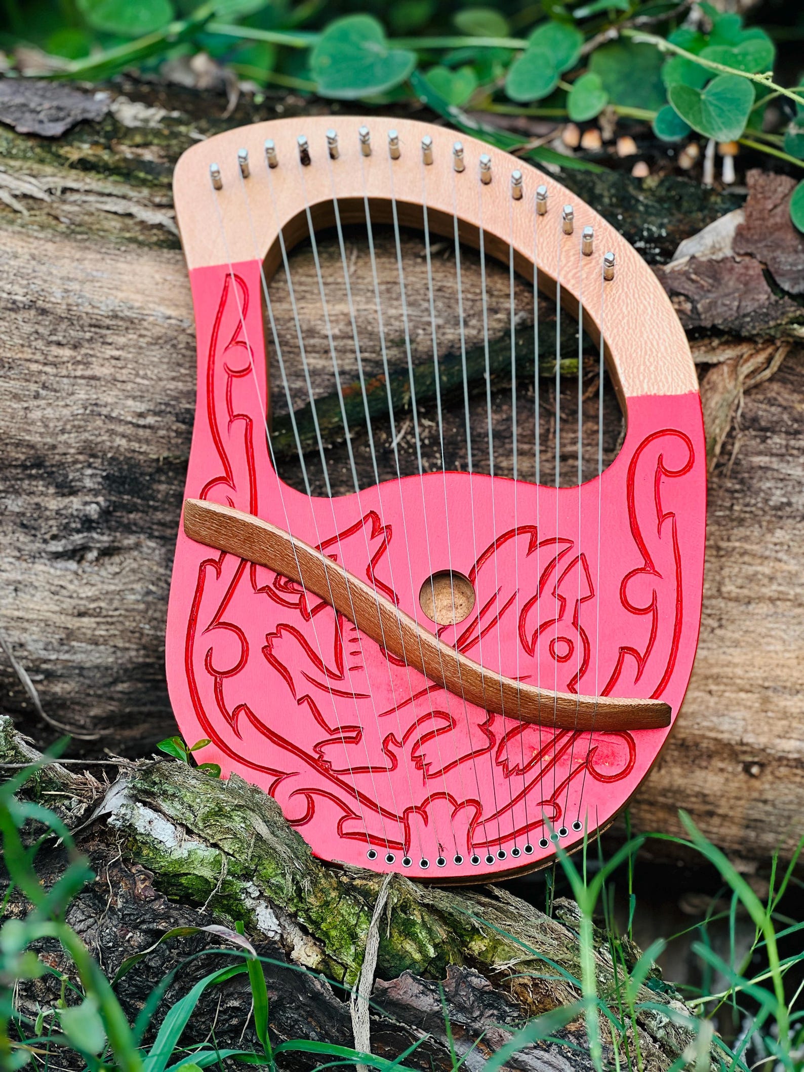 15 String Rosewood Lyre Harp: Red Dragon Design With Bag & Tuning Key ...