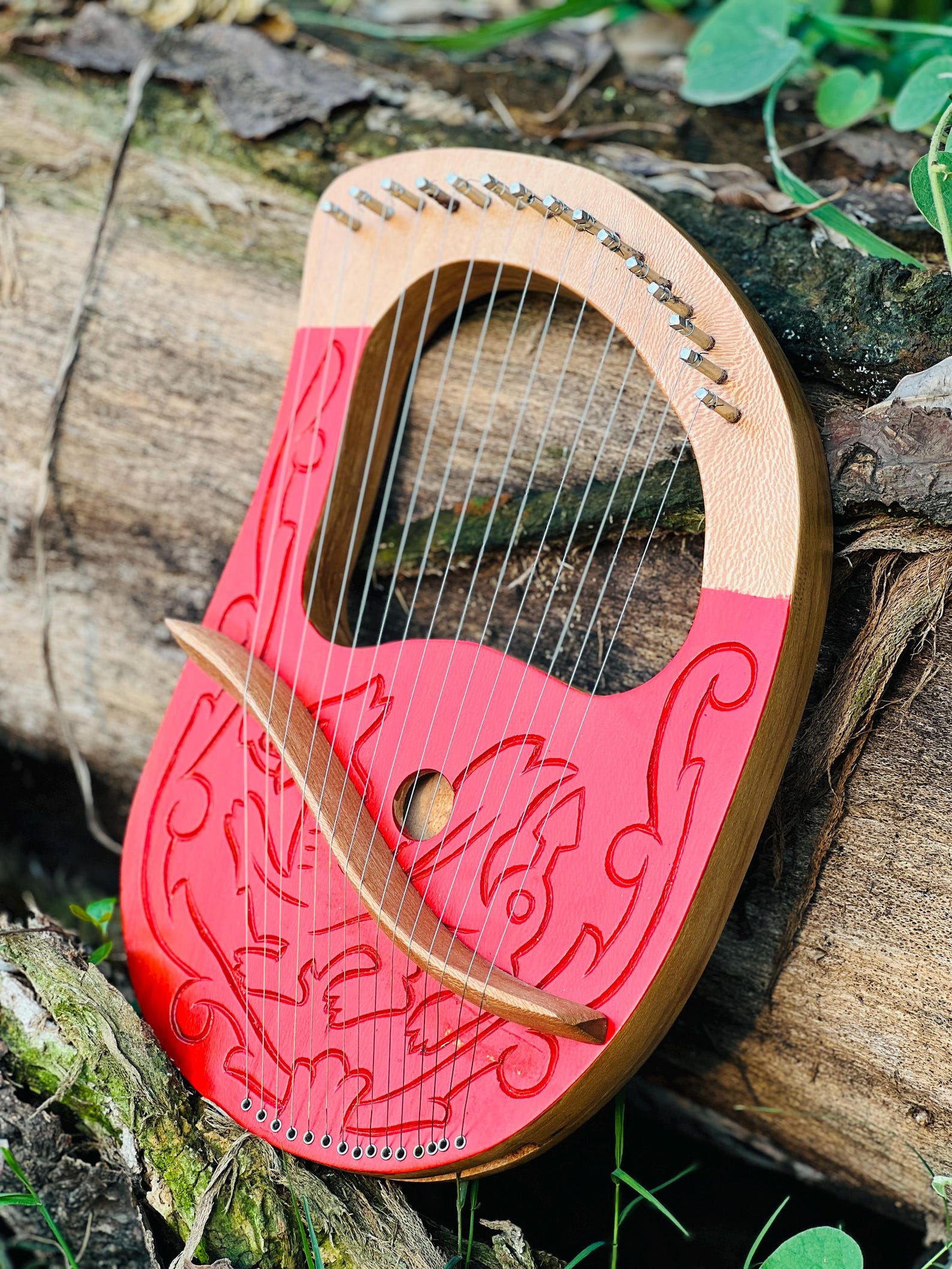15 String Rosewood Lyre Harp: Red Dragon Design With Bag & Tuning Key ...