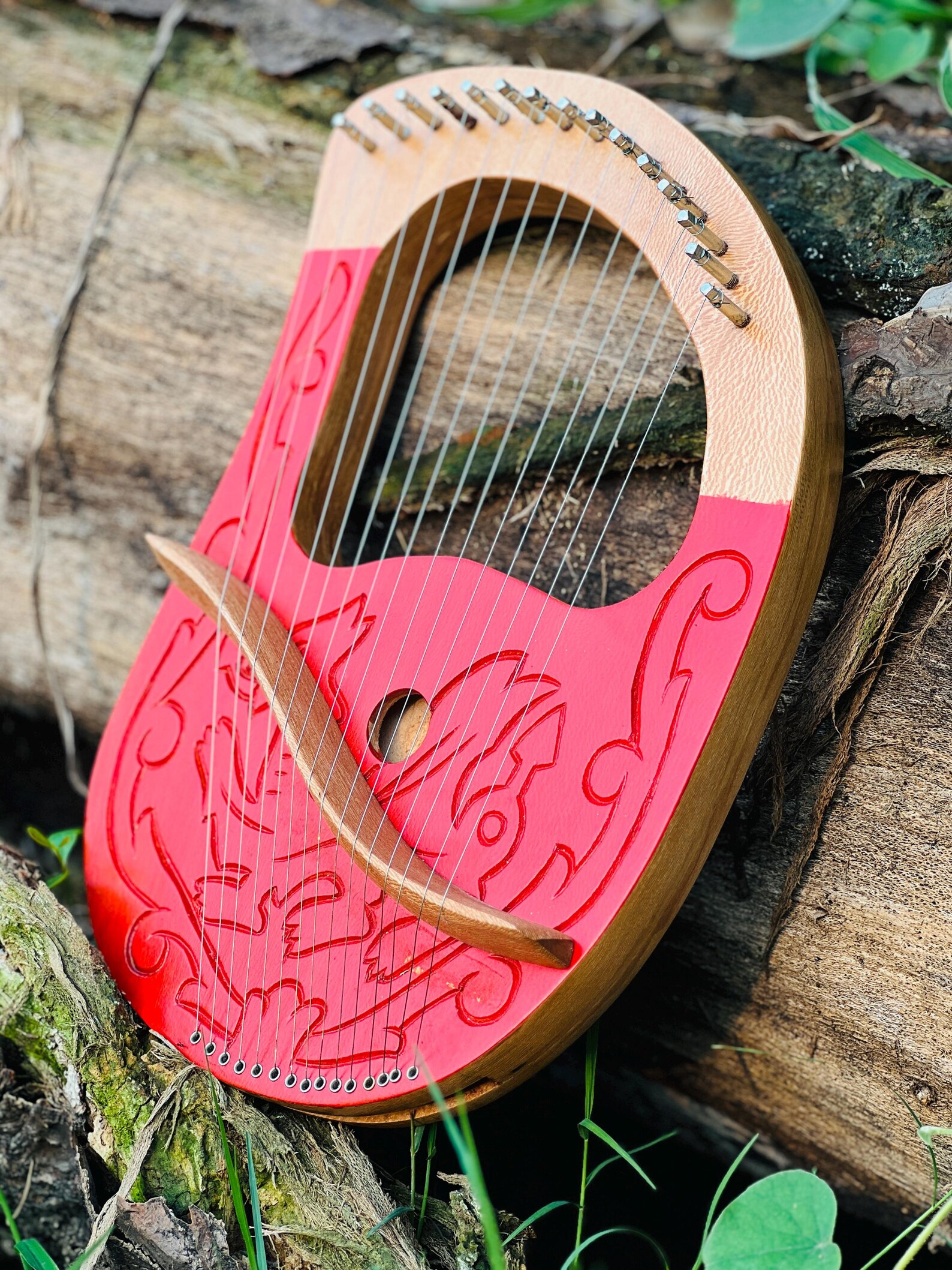 15 String Rosewood Lyre Harp: Red Dragon Design With Bag & Tuning Key ...