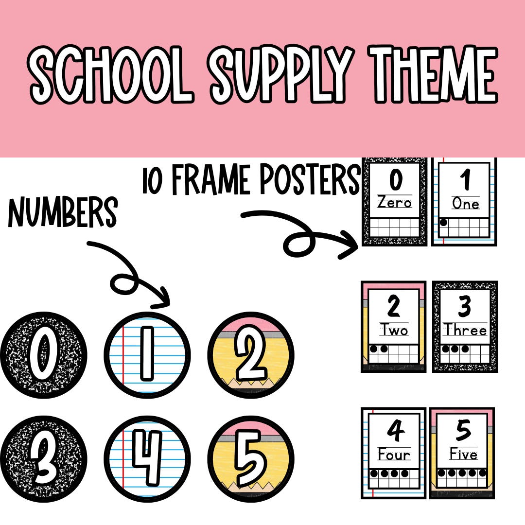 School Supply Theme Numbers 0-20 | 10 Frame Posters 0-20 | Preschool ...