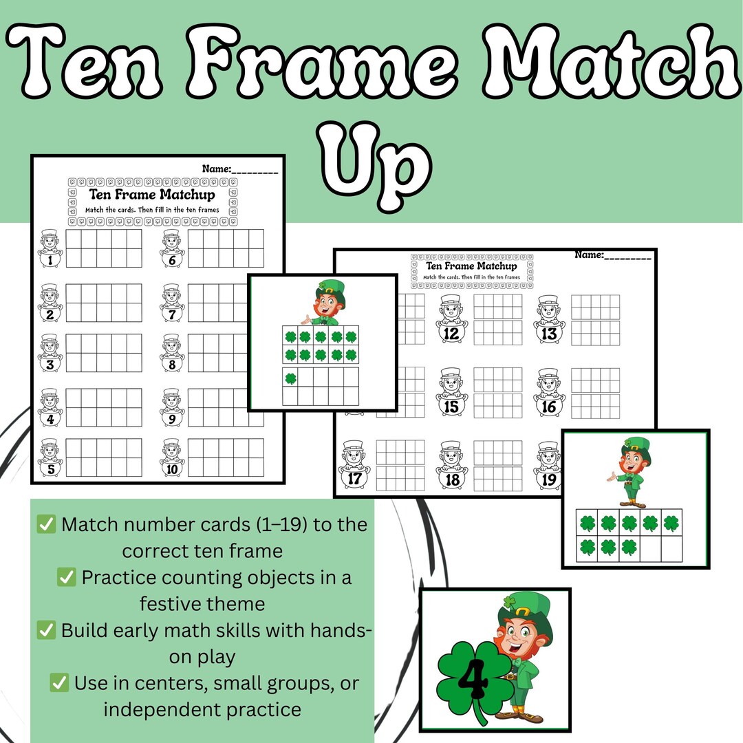 St. Patrick’s Day Ten Frame Match up Game | Numbers 1–19 Counting ...