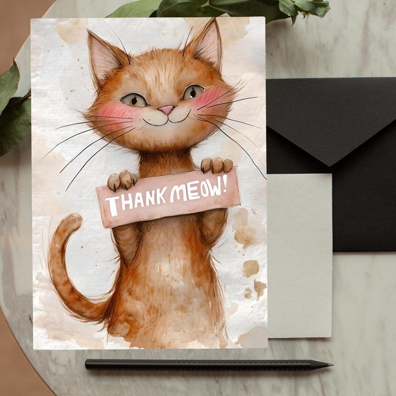 Cat Thank You Cards, 'thank Meow' Banner, Appreciation Greeting Card ...
