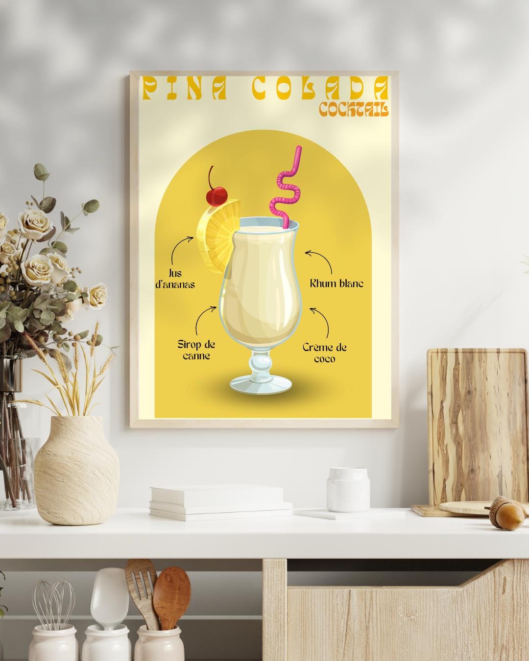 Pina Colada Cocktail Poster Printable, Yellow, Bar, Kitchen I Living ...