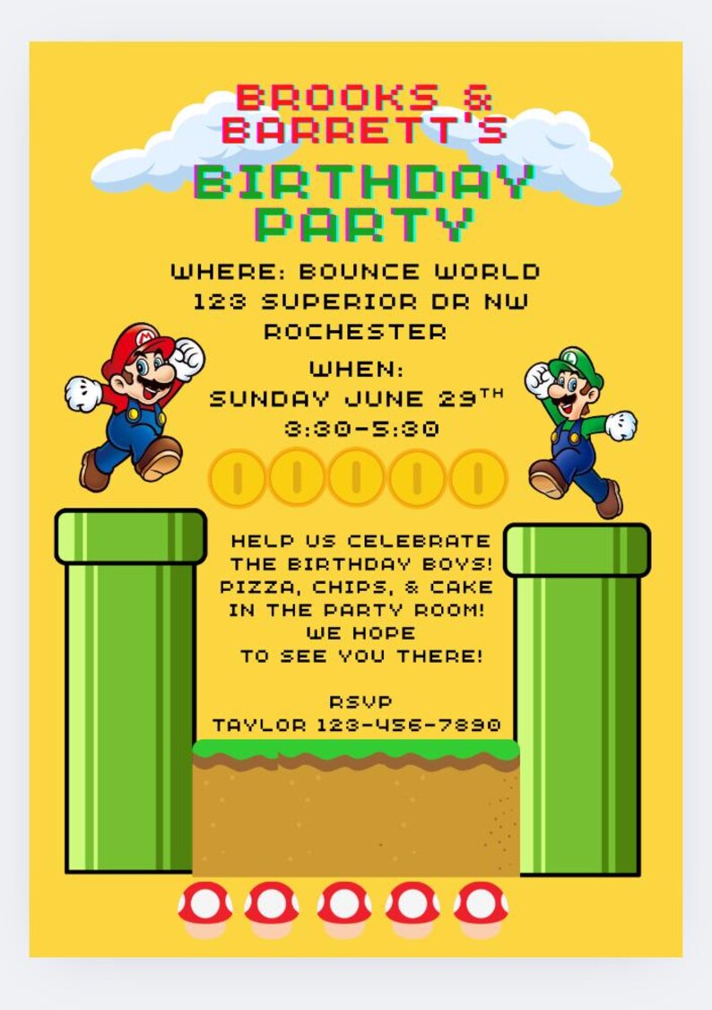 Mario Brother's Birthday Invitation - Etsy