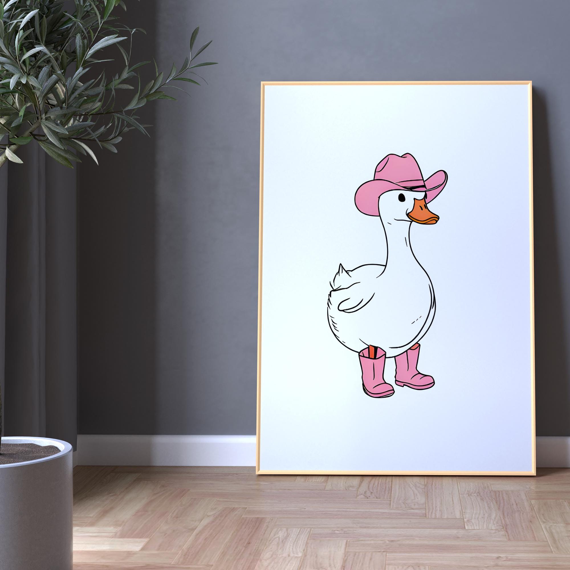 Cute Pink Cowboy Duck Art - Minimalist Line Art Print | Trendy Wall Art ...