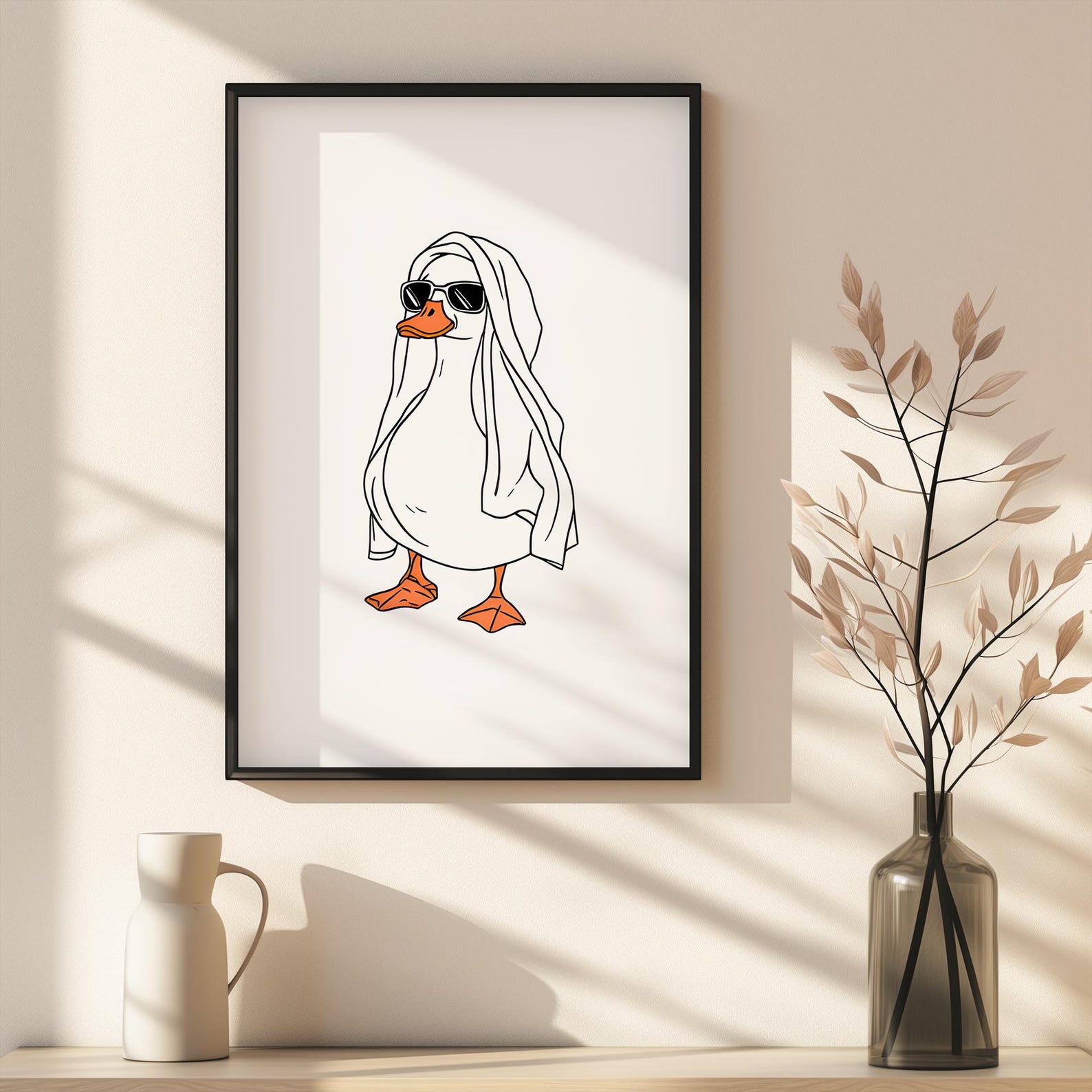 Cute Duck Wearing Towel - Minimalist Line Art Print | Funny Bathroom ...