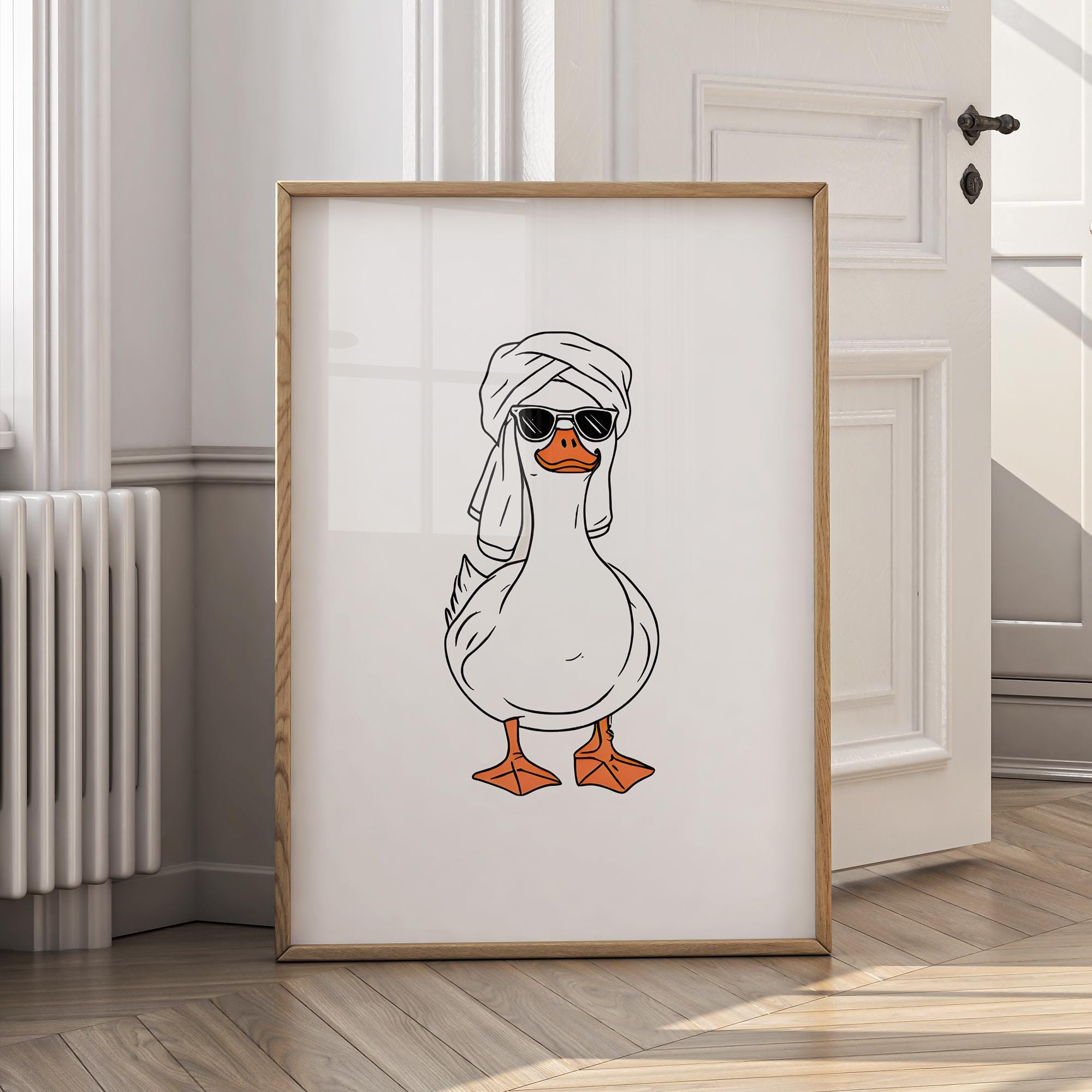 Cute Duck Wearing Head Towel - Minimalist Line Art Print | Funny ...