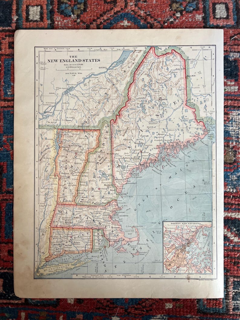 1898 Vintage New England States Map Wall Art Decor | Unframed - Etsy