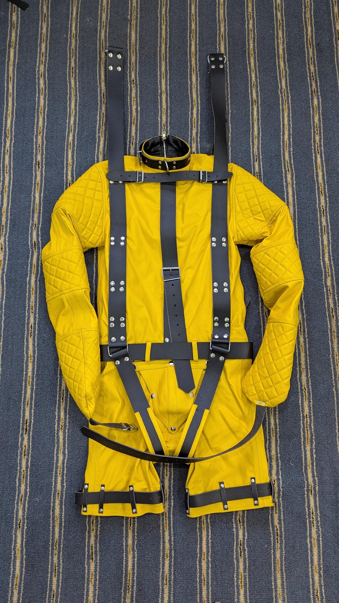 Heavy Duty Yellow Bondage Restraint Suit With Black Leather Straps ...