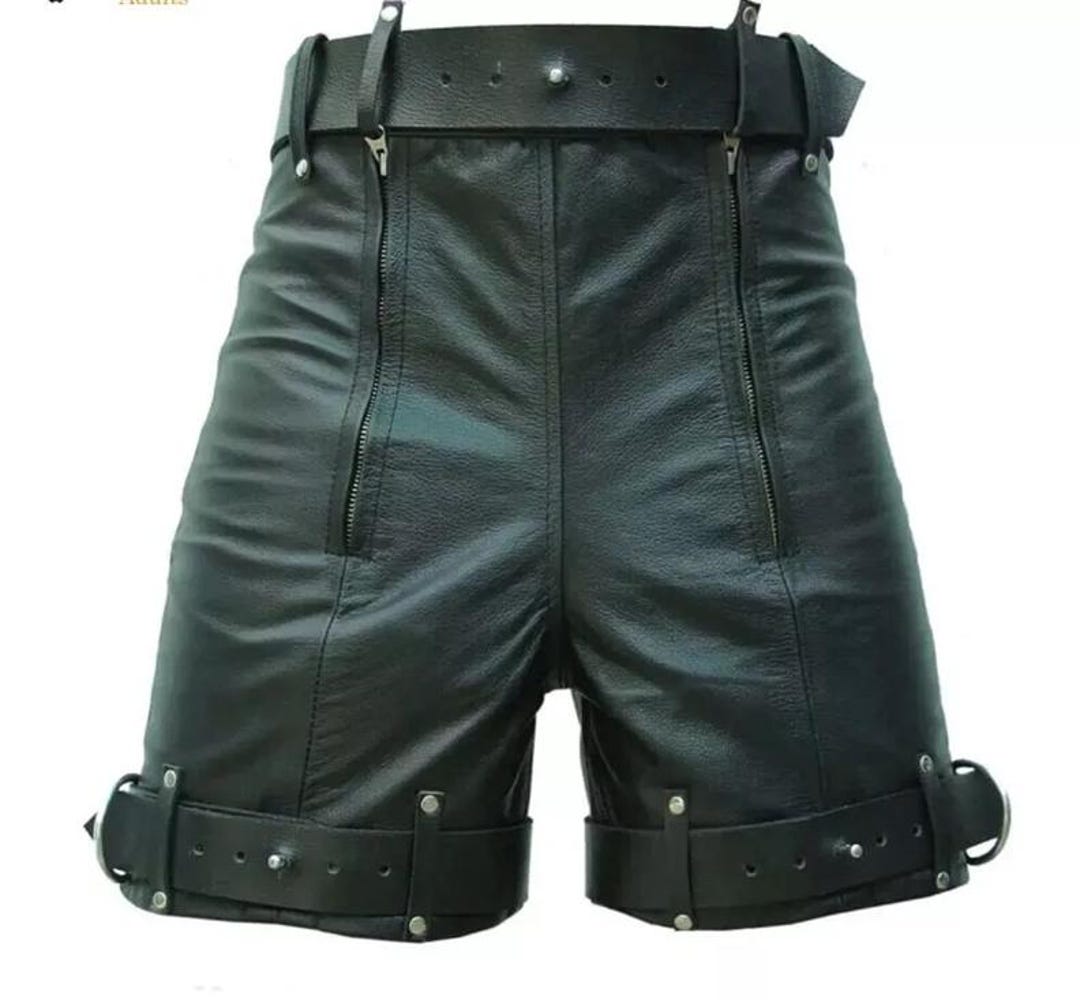 Men's Black Leather Fetish Shorts With Belt & Metal Accents - Biker ...