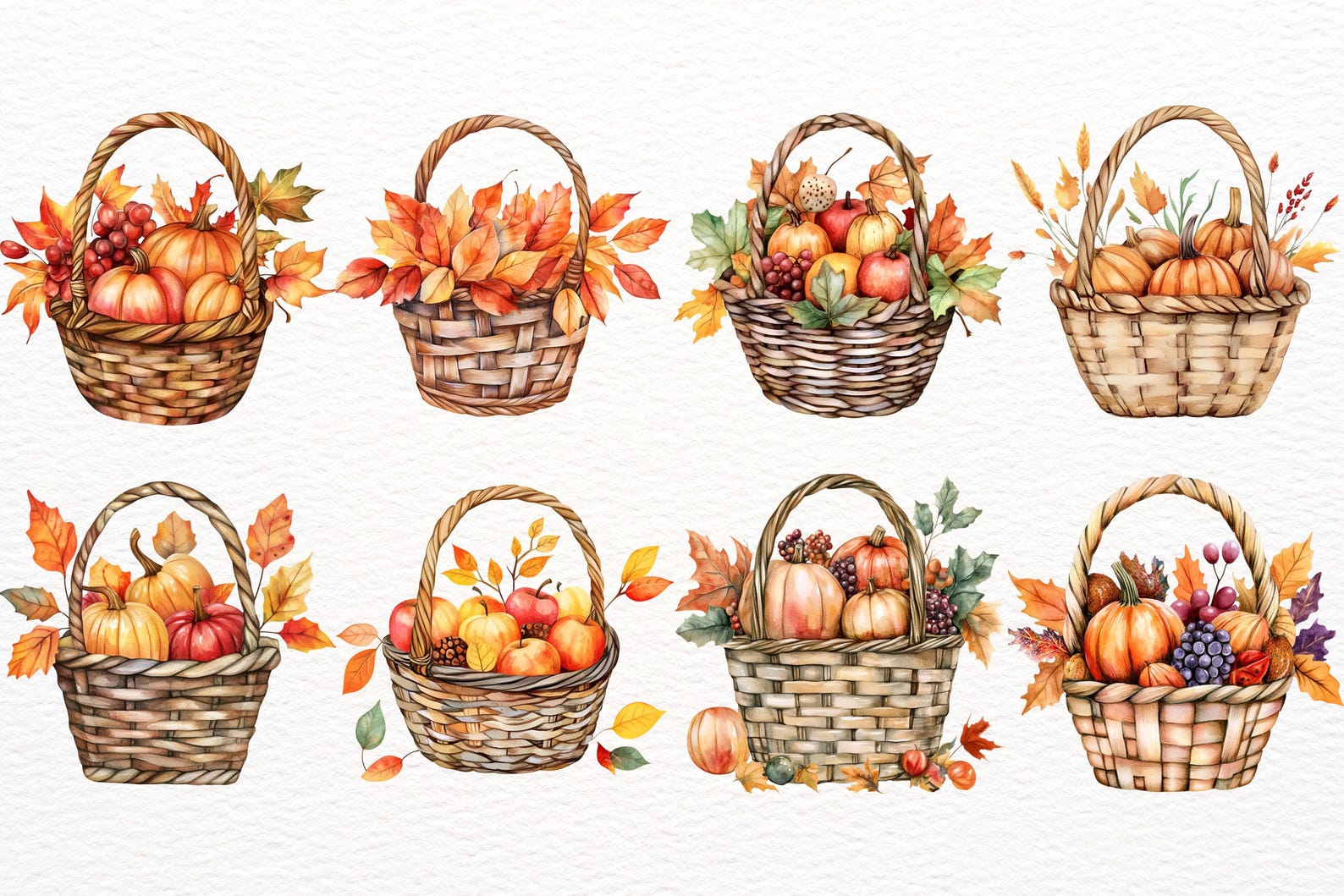 Watercolor Autumn Clipart, Fall PNG Bundle: Leaves, Pumpkins, Harvest ...