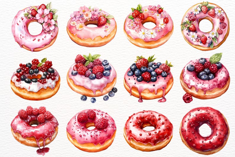 Watercolor Donuts Clipart, Bakery Food PNG, Fruits Desserts Bundle ...