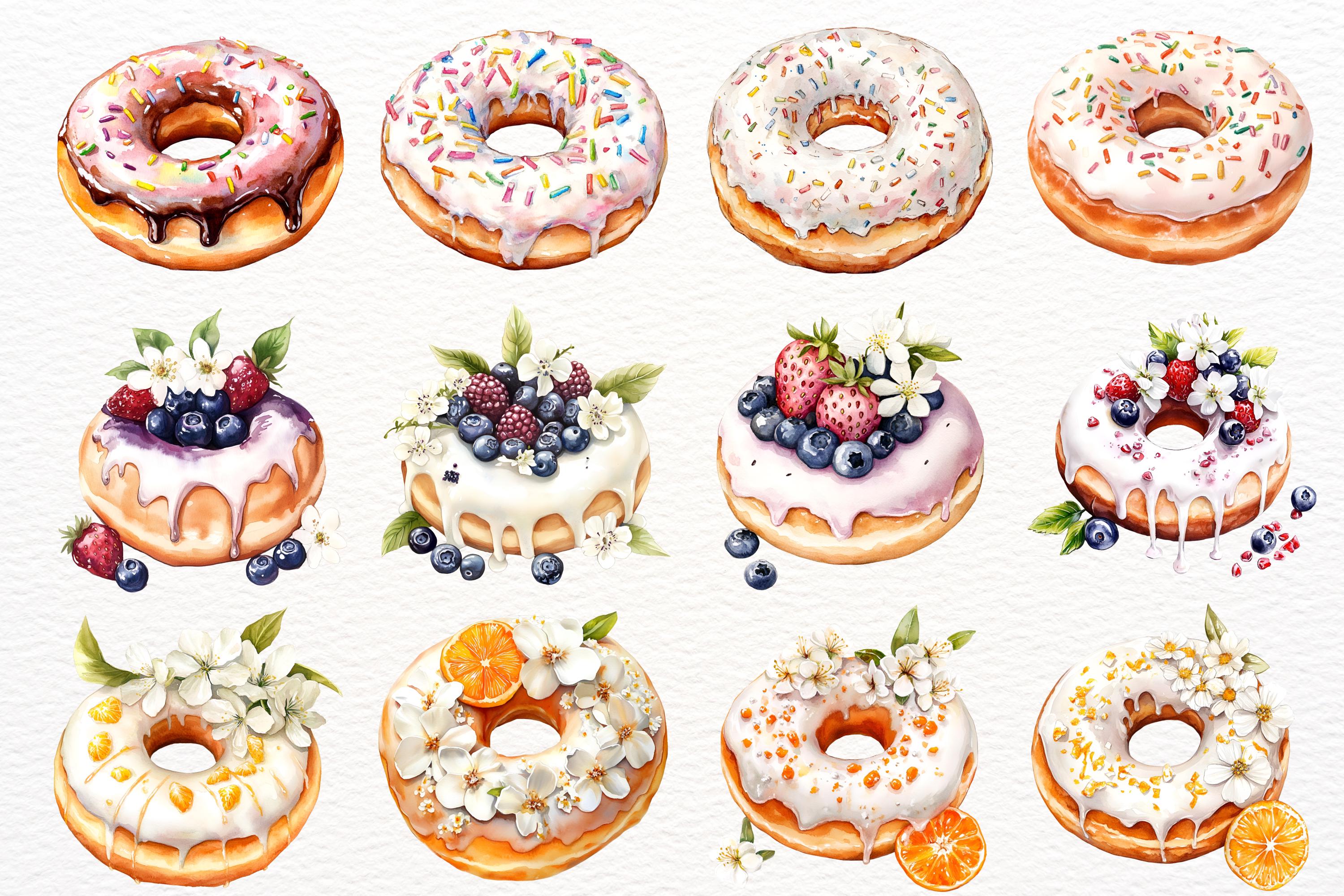 Watercolor Donuts Clipart, Bakery Food PNG, Fruits Desserts Bundle ...