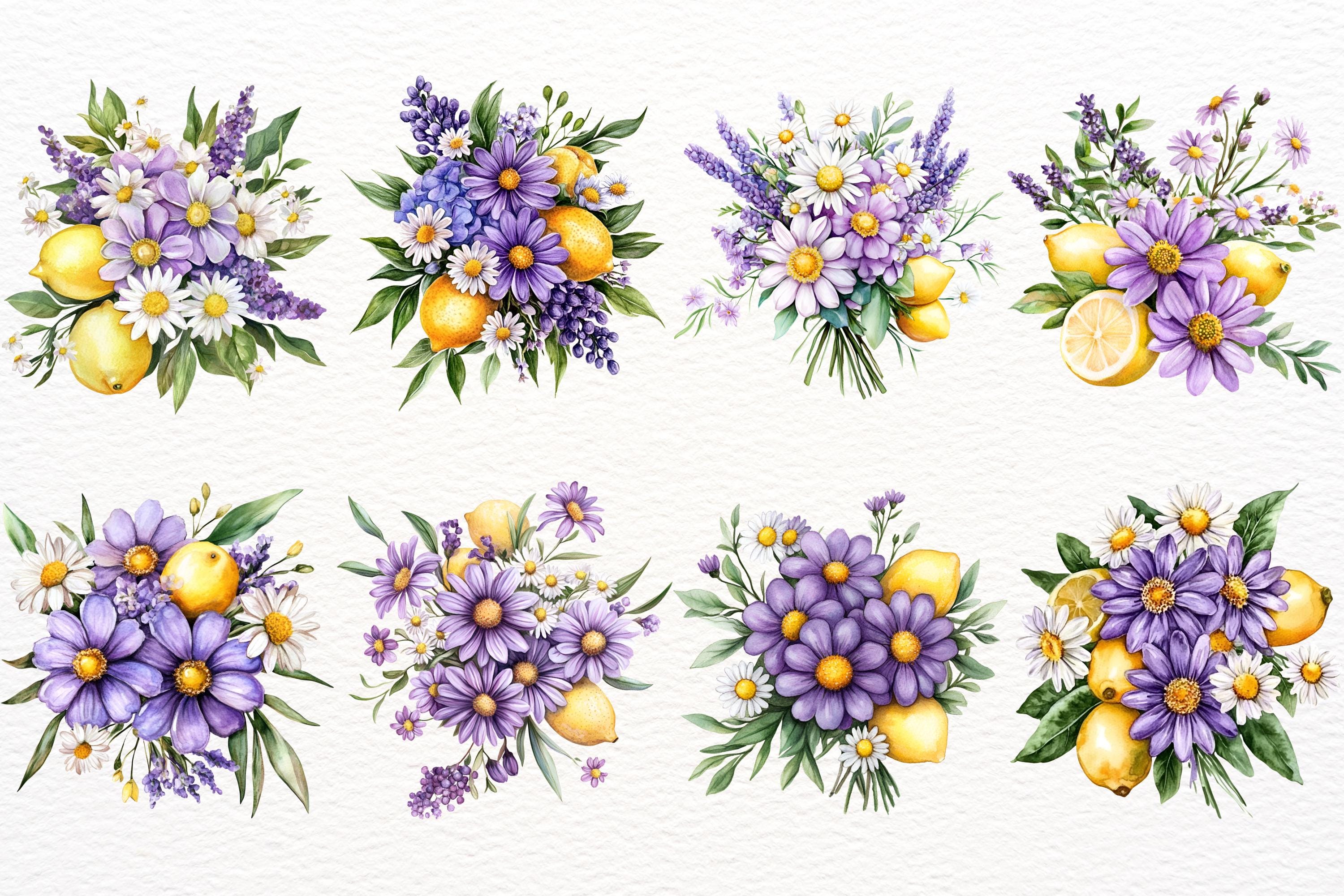 Watercolor Lemon, Summer Flowers Clipart, Mediterranean PNG, Floral ...