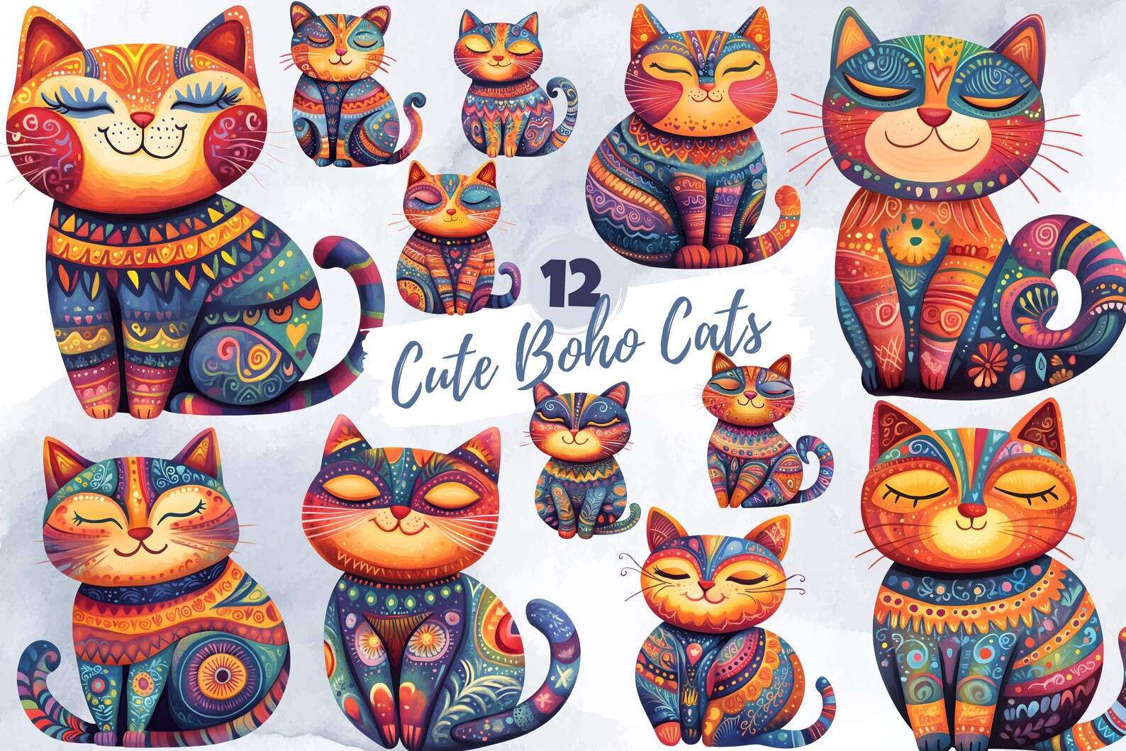 Watercolor Boho Cat, Pet Clipart, Animal PNG, Kitten Bundle (digital ...